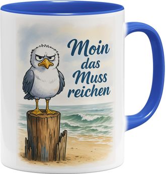 OM3 lustige Möwe Aquarell Kaffee-Tasse mit Spruch - Moin das muss reichen - Maritim Küste Norddeutschland - Keramik Becher - 325ml - Beidseitig Bedruckt -