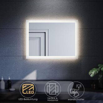 Sonni Badezimmerspiegel mit Beleuchtung Badspiegel LED Kupfer/bleifreie Wandspiegel kaltwei&szlig; licht Wandschalter Energiesparender 80x60cm