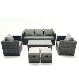 Fimous Polyrattan Gartensofa Set Couchtisch 2 Sessel 2 kleine Fu&szlig;hockern Dunkelgrau Gemischt - Fimous