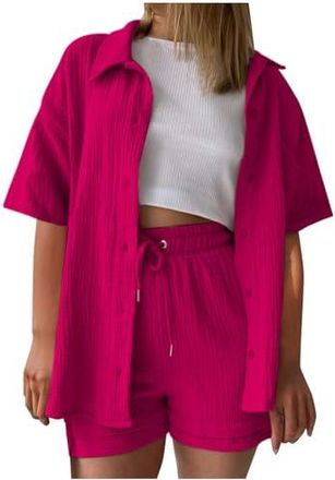 Generic Tenue d&eacute;t&eacute; 2 pi&egrave;ces pour femme avec chemisier et short - Ensemble de d&eacute;tente - Ensemble assorti pour les vacances et la plage, rose vif, XXL