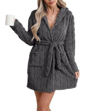 Generic Peignoir court en polaire pour femme avec capuche, Noir, XS