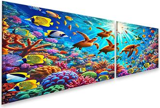 Islandburner Bild auf Leinwand Unterwasserwelt mit Meeresschildkr&ouml;ten und bunten Fischen Bilder Wandbilder Poster