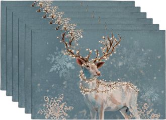 Generic Winter Wonderland Hirsch-Platzsets, blaue Feiertagstischmatten f&uuml;r Weihnachtsessen, rutschfest, waschbar, f&uuml;r drinnen und drau&szlig;en, dekoratives Tischse