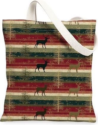 Generic Sacs fourre-tout en toile de cerf rustique, vintage, &agrave; rayures, r&eacute;utilisables, festifs, l&eacute;gers et lavables avec bandouli&egrave;re pour lext&eacute;rieur, les voyag
