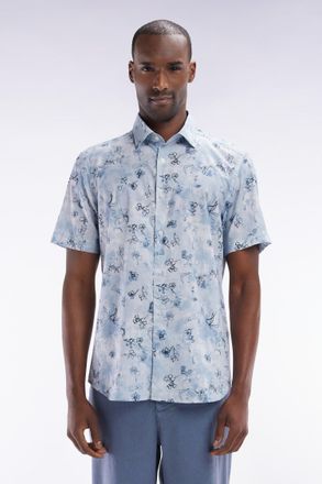 Eden Park Chemise &Agrave; Manches Courtes En Coton Bleu-gris &Agrave; Imprim&eacute; Floral Coupe Ajust&eacute;e