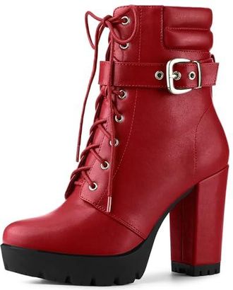 Allegra K Bottines à Talons carrés et à Boucle Plate-Forme pour Femmes Rouge 36