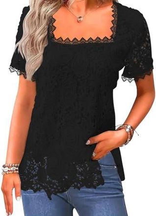 TOMWELL Femme Tee Shirt Dentelle Couleur Unie Manches Courtes Loisirs Dété Chemisier en Dentelle Blouse Décontracté en Dentelle Tops Chemisiers B Noir XXL