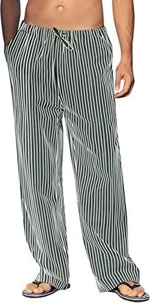 Generic Pantalon de yoga pour homme en coton et lin - Pantalon de pyjama pour homme - Grande taille - Ray&eacute; - Pantalon de loisirs - Jambe large - &Eacute;lastique - A