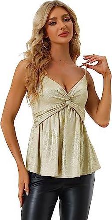 Allegra K Caraco de fête pour Femme Halloween Costume sans Manches Twist Front Peplum Shimmer Metallic Camisole Or M