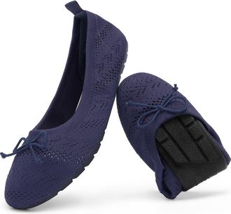 Dream Pairs Damen-Ballerinas, Faltbare Ballerinas f&uuml;r Frauen, Bequeme, leichte Schlupfschuhe aus Strick mit Schleife und runder Zehenpartie,Size 40.5,Marine,DWUMF