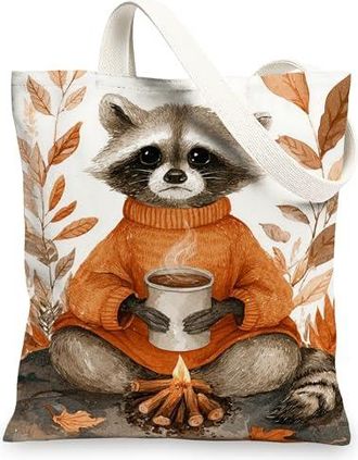 Generic Sacs fourre-tout en toile motif raton laveur, réutilisables, confortables, style automne, légers et lavables, Orange, 13x15 Inch