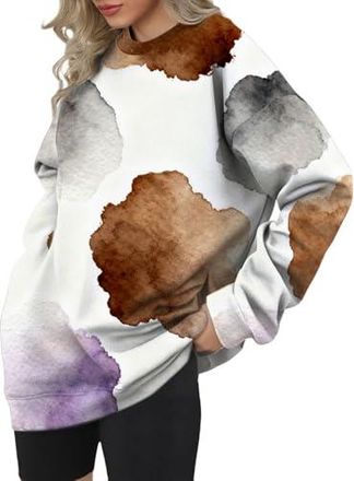 Generic Jolie chemise longue décontractée et tendance pour Noël, rond au milieu de Noël et imprimé complet pour femme, pull de course, Sweat-shirts marron pou