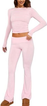 Generic Ensemble de v&ecirc;tements de d&eacute;tente pour femme - Tenue deux pi&egrave;ces - Haut court &agrave; manches longues et pantalon &eacute;vas&eacute; taille basse - Surv&ecirc;tement de yoga 2 