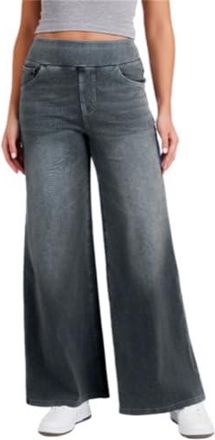Generic Jean d&eacute;contract&eacute; &agrave; jambe large pour femme - Taille haute - &Eacute;lastique - &Eacute;vas&eacute; - Extensible - &Agrave; enfiler - Pantalon long et droit avec poche, gris clair,