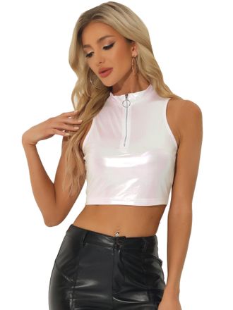 Allegra K Damen Tanktop &Auml;rmellos Rei&szlig;verschluss Metallic Oberteil Party Holographic Crop Top Bluse Wei&szlig; Mehrfarbig M