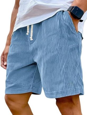 Generic Mokaloha - Short d&eacute;contract&eacute; en velours c&ocirc;tel&eacute; avec cordon de serrage &agrave; taille &eacute;lastique - Short d&eacute;t&eacute; ample avec poches pour homme, bleu, L