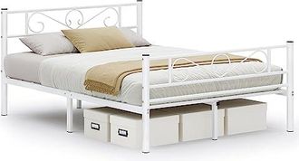 Vasagle Cadre de Lit 140 x 190 avec Sommier M&eacute;tal, Lit 2 Personnes, en M&eacute;tal, Montage Facile, pour Petits Espaces, Chambre dAmis, Chambre Ado, Blanc RMB063W01