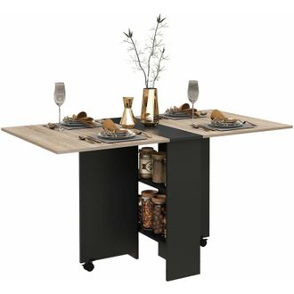 HOMCOM Table pliante de cuisine salle &agrave; manger amovible sur roulettes 2 &eacute;tag&egrave;res int&eacute;gr&eacute;es panneaux noir aspect ch&ecirc;ne clair