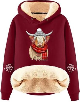 Generic Highland Cow Sweat &agrave; capuche pour femme - Pull de No&euml;l doux et chaud - Doublure en polaire Sherpa - Sweat de No&euml;l d&eacute;contract&eacute; &agrave; manches longues - Gran