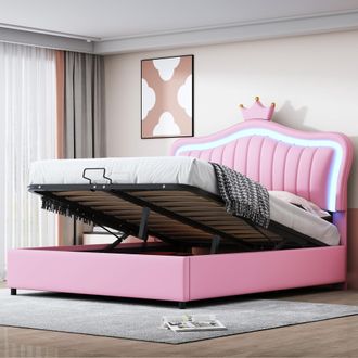 Merax Kinderbett Doppelbett 140x200, Kronen-Prinzessinnenbett Hydraulisches Stauraumbett mit Großer Stauraum&Höhenverstellbarem LED Kopfteil&Lattenrost, Bet