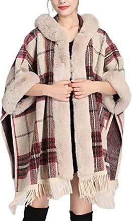ORANDESIGNE Femmes Longue Cape Poncho Tranchée Manteau Front Ouvert Cardigan Veste Cape Poncho Fausse Fourrure Châle Étole Tricoté pour Hiver Mariage Soirée Marié