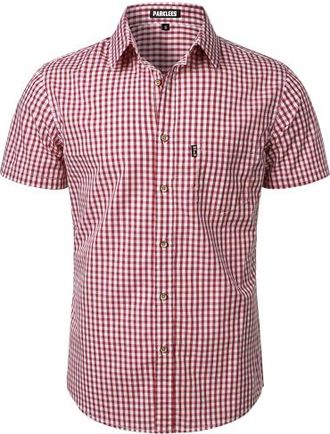 PARKLEES Chemise décontractée à carreaux boutonnée en coton à manches courtes pour homme, coupe régulière avec poche, Vichy rouge, Taille XL