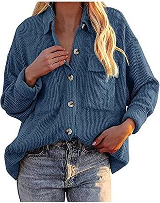 Generic Vestes pour femmes 2026 &agrave; manches longues en flanelle &agrave; poches longues vestes vestes manteaux veste manteaux veste manteau &agrave; revers boutonn&eacute;, bleu, XL