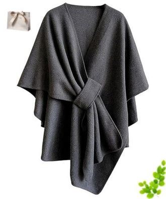 Generic Châle drapé en polaire pour femme, châle élégant 2026 de couleur unie, poncho doux ouvert sur le devant avec boucle, gris foncé, taille unique