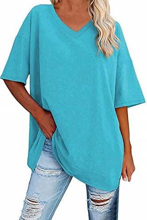 Generic T-shirt blanc pour femme Tunique Haut en coton avec col en V Manches mi-longues pour le confort d&eacute;contract&eacute; Printemps &Eacute;t&eacute; T-shirts surdimensionn&eacute;s pou