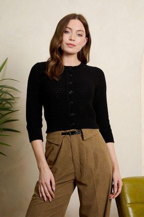 Banned Strickjacke Fara Cardigan Schwarz Vintage Wabenmuster Baumwolle