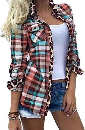 ORANDESIGNE Chemise à Carreaux Colorés Femme Chic et élégant Col en V Chemisier Décontracté à Manches Longues Lâche Bureau Travail Blouse Hauts avec Poches Classi