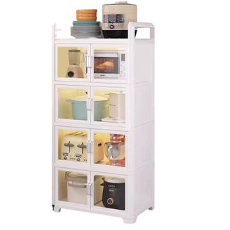 Generic Sideboard, mobiler K&uuml;chenger&auml;te-Aufbewahrungsschrank, Metallrahmen mit beleuchteten Glast&uuml;ren zum Schutz vor Staub, Lenkrollen + dreiseitige Gel&auml;nderk