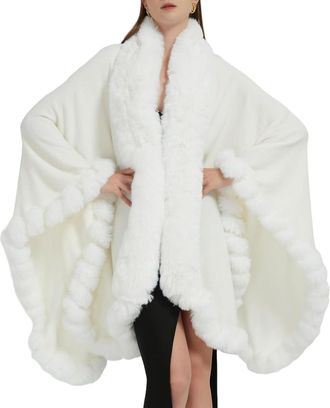 Generic Faux Fuchs Pelz Trim Strickjacke Mantel Schal Wraps Winter Poncho Oversized Cape (Weiß,Einheitsgröße)