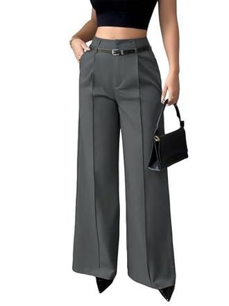 Generic Pantalon noir taille haute pour femme &agrave; jambes larges pour affaires, d&eacute;contract&eacute;, bureau, travail, pantalon pliss&eacute; fluide, gris, XXL