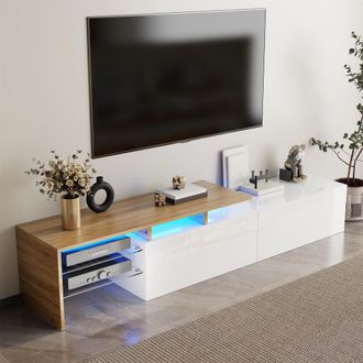 Merax TV-Schrank 170x33x33,5 cm, mit Holzoptik, Glasb&ouml;den und 16-Farbiger LED-Beleuchtung, Lowboard mit gro&szlig;em Stauraum f&uuml;r Ger&auml;te, B&uuml;cher und Deko,TV-M&ouml;bel