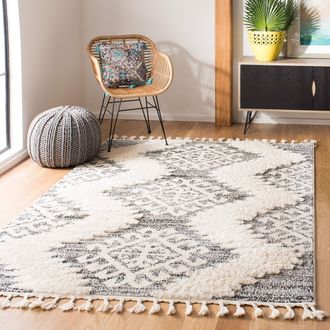 Safavieh Zottelig Teppich f&uuml;r Wohnzimmer, Esszimmer, Schlafzimmer - Moroccan Tassel Shag Collection, Kurzer Flor, Elfenbein und Grau, 122 X 183 cm