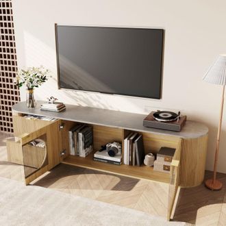 STILVORA Meuble TV avec 2 Portes 3D, 2 Tiroirs et Vitrine Ovale en Verre Gris, Style Minimaliste, 172&times;38&times;45,5 cm, Naturel