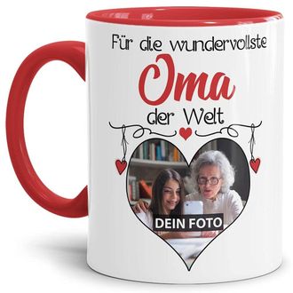 Tassendruck Tasse mit Spruch - Wundervollste Oma der Welt - personalisiert mit Wunschfoto - Geschenkidee f&uuml;r die beste Oma - Innen & Henkel Rot, 300 ml