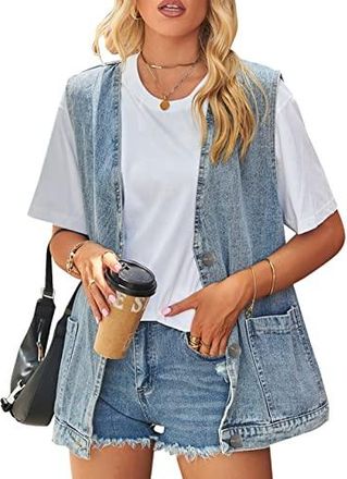 Feoya Gilet en jean pour femme avec revers en jean boutonné sans manches en coton avec poches à rabat, style aztèque ethnique, été, printemps, automne, S-XL