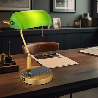 Globo Lighting Lampe de bureau led Lampe de table laiton vieilli Verre vert Lampe de lecture, chargement sans fil Connexion usb, interrupteur à tirette, 7W 806lm