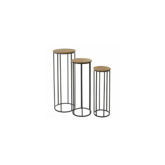 Wadiga Set de 3 Sellettes Rondes en M&eacute;tal Noir et Plateaux Bois