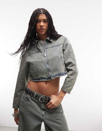 Liquor & Poker Strukturierte, kastige Jeansjacke in Waschung mit Farbstich, Kombiteil-Blau