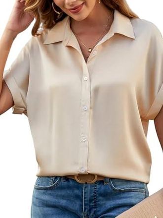 Cupshe Chemise boutonnée à manches courtes pour femme, col en soie, haut léger pour femme, pour une tenue de bureau décontractée et semi-formelle, beige, M