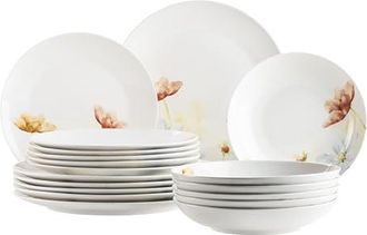 M&auml;ser 934498 Serie Amapola, Teller Set f&uuml;r 6 Personen, 18-teiliges Geschirrset mit Speiseteller, Suppenteller, Dessertteller; floral mit Blumenmuster, Porze