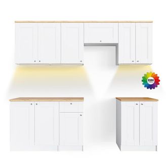Vicco K&uuml;chenzeile Bergamo, K&uuml;chenblock, Wei&szlig;, 240 cm, AP Goldkraft mit LED-Leisten