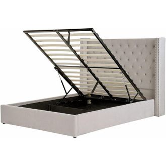 Beliani Bett mit Bettkasten Hellgrau Gepolstert 160 x 200 cm Lattenrost Hohes Kopfteil Knopfheftung Nieten Retro Klassisch Schlafzimmer