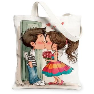 Generic Sac fourre-tout en toile pour couple mignon, motif baisers ludiques, sacs d&eacute;picerie l&eacute;gers et lavables, parfaits pour le printemps et l&eacute;t&eacute;, blanc, 13x