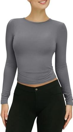 Generic Hauts en coton pour femme - Haut &agrave; manches longues en coton - D&eacute;contract&eacute; - Couleur unie - Col rond - Coupe ajust&eacute;e - Pull extensible et l&eacute;ger, gris f