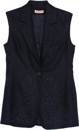 Twinset Femme, Vestes, Bleu, Taille: 36 FR Floral Embroidery Sleeveless Blazer