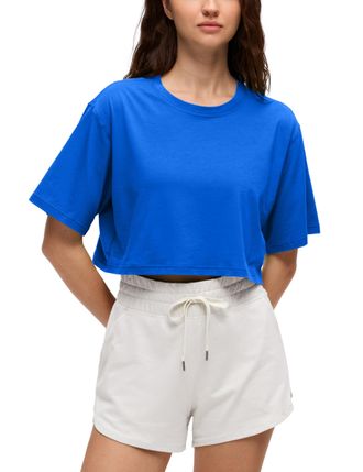 CRZ YOGA Damen Sport T-Shirt Kurzarm Sommer Fitness Crop Oberteile Crew Neck Leichte Yoga Top Atmungsaktiv Laufshirt Starkes Blau 44